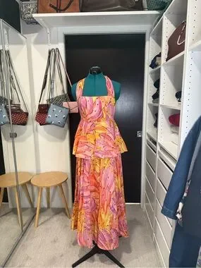 FARM Rio | Dresses | Farm Rio Pink And Orange Leafprint Halter Peplum ...